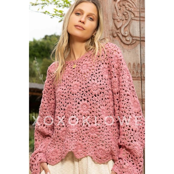 POL | Sweaters | Pol Pink Hand Knit Floral Crochet V Neck Sweater ...
